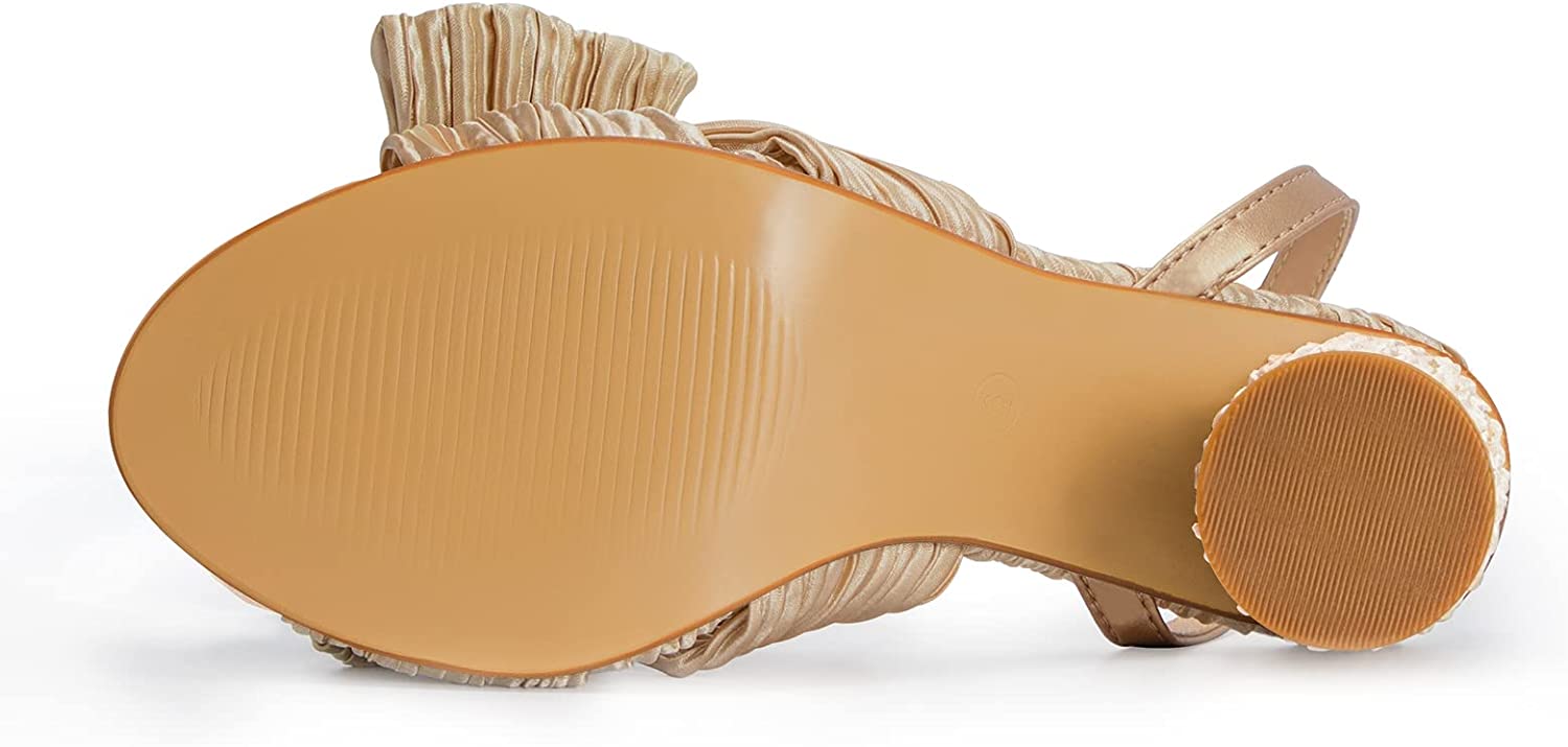 Athlefit Womens Open Toe Chunky Heels Pleated Bow Ankle Strap Heeled