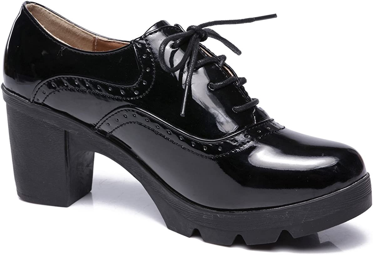 DADAWEN Women's Classic T-Strap Platform Mid-Heel Square Toe Oxfords ...