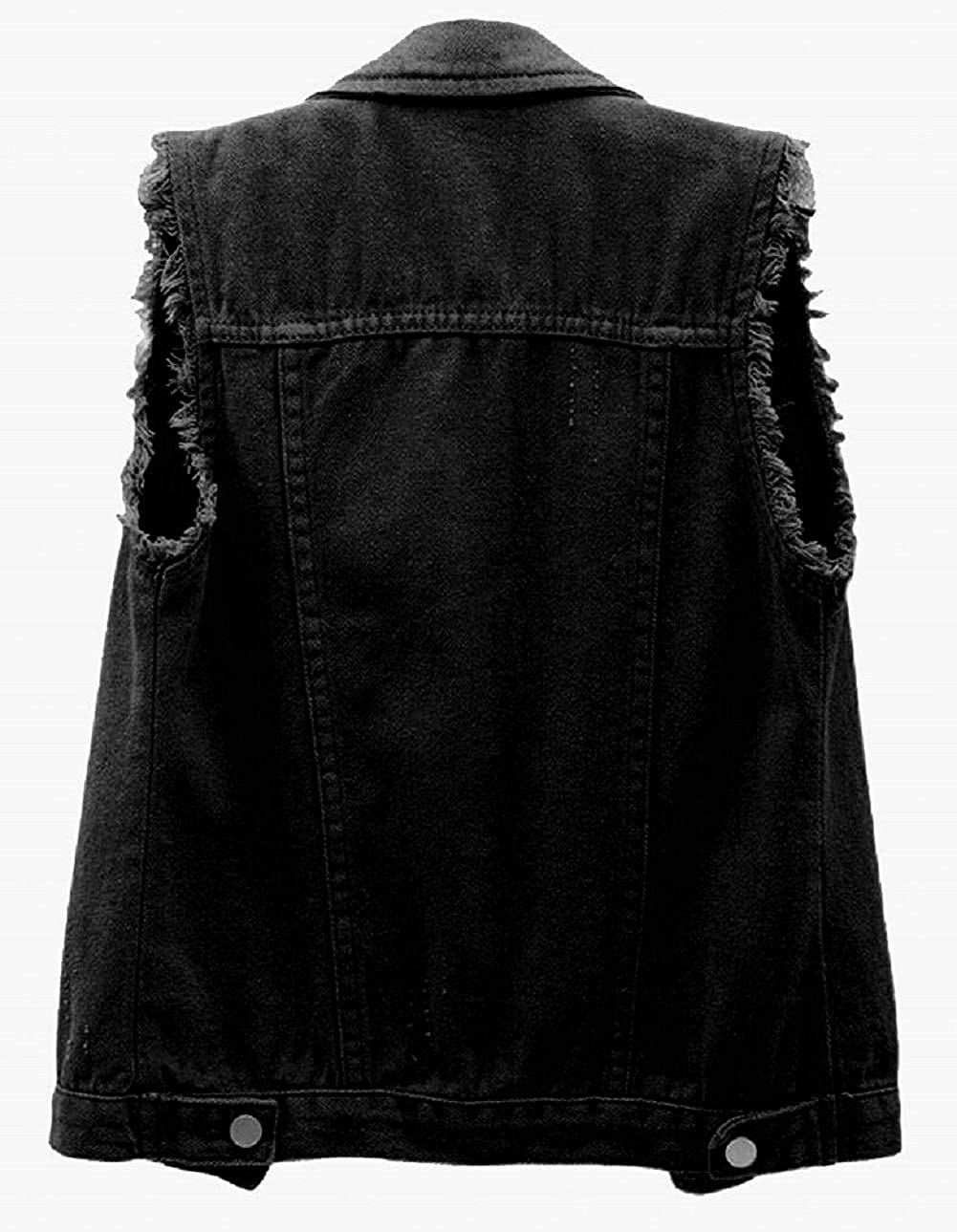 CHARTOU Women's Ripped Lapel Collar Button Up Sleeveless Frayed Denim ...