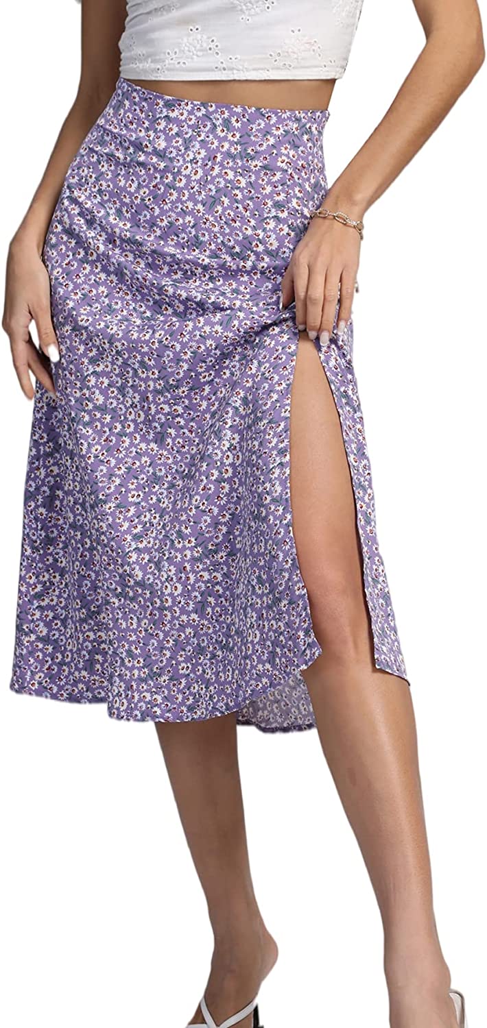 LYANER Women's Casual Boho Printed High Waist Side Split Hem Zipper ...