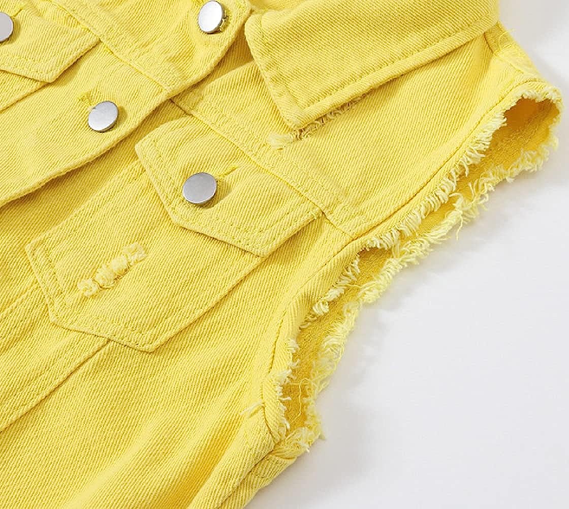 CHARTOU Women's Ripped Lapel Collar Button Up Sleeveless Frayed Denim ...